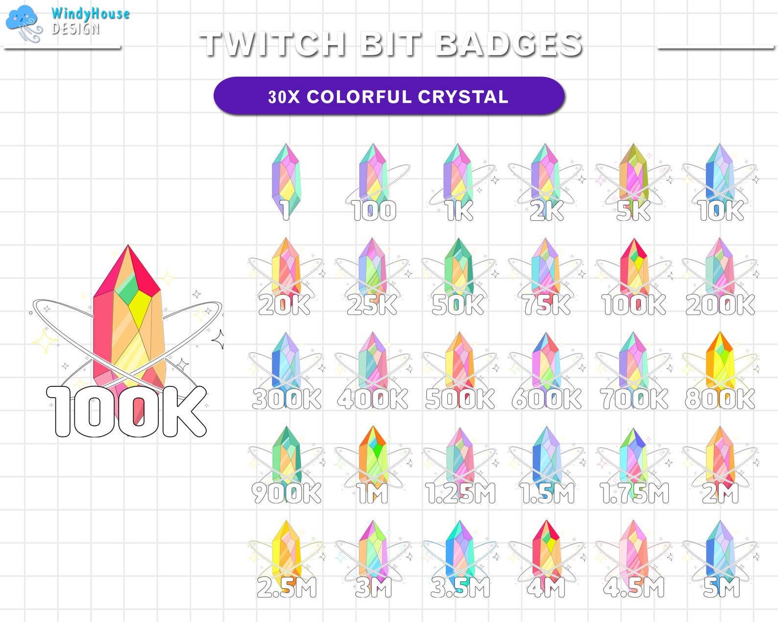 Set of 30 Colorful Crystal Twitch Bit Badges, Colorful Gem Twitch Bit ...