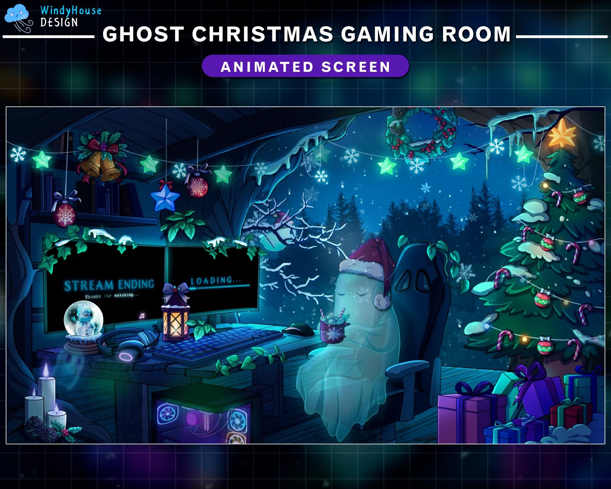 Animated Ghost Christmas Stream Screens, Cozy Winter Room Twitch ...