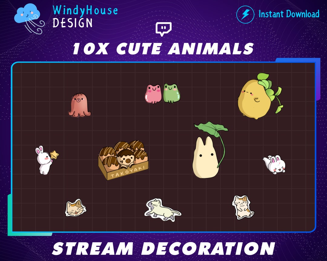 Animated 10x Cute Animals Stream Decoration, Cute Bunny Twitch Overlay ...