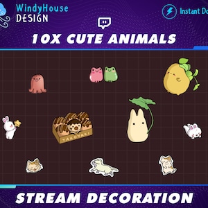 Animated 10x Cute Animals Stream Decoration, Cute Bunny Twitch Overlay ...