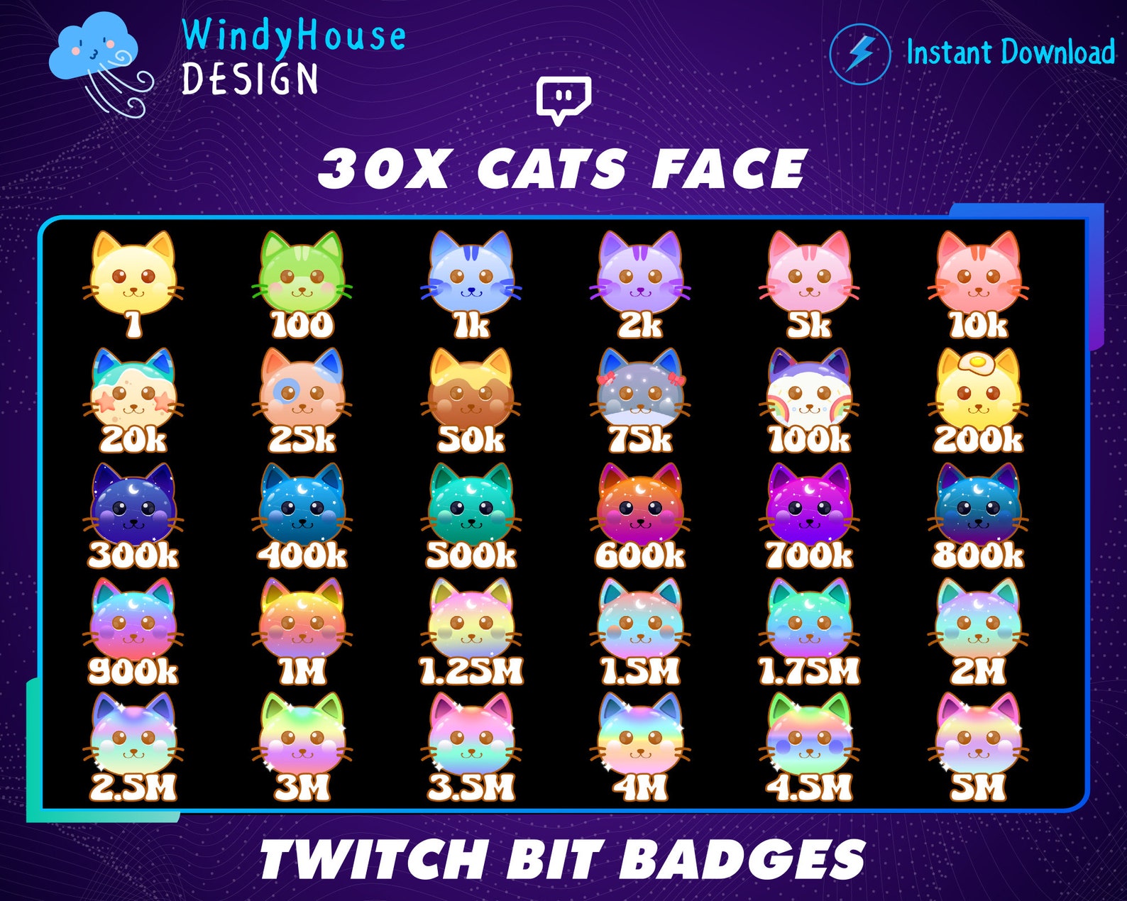 30x Cats Face Twitch Bit Badges, Cute Cat Bit Badges Set, Twitch Tier ...
