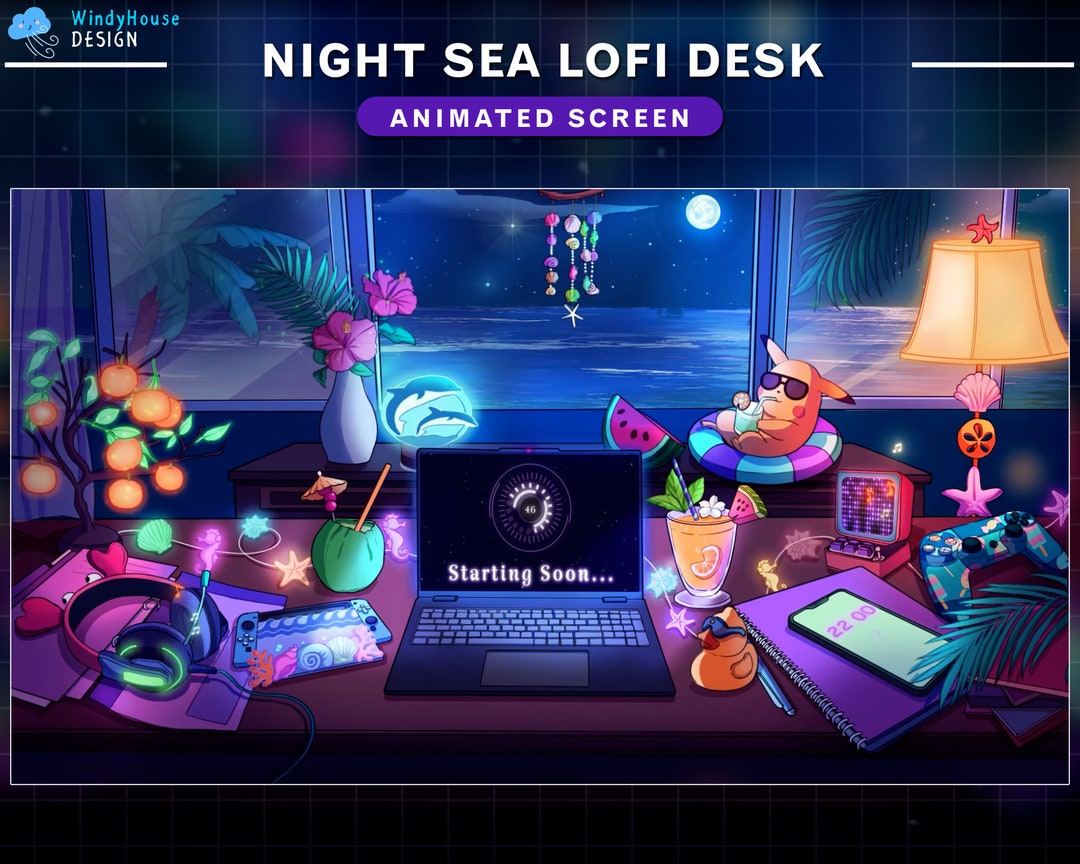 Animated Lofi Desk Night Summer Stream Screens, Twitch Game Room ...