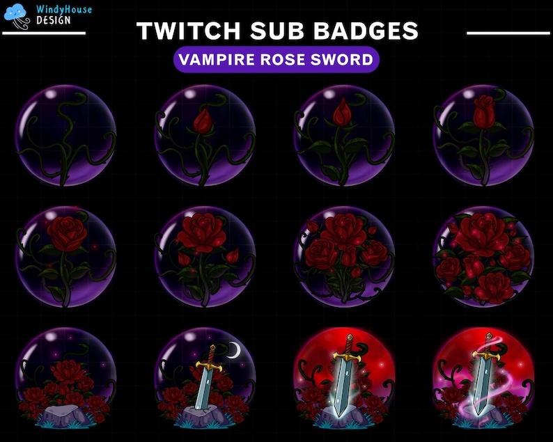 Vampire Rose Sword Twitch Sub Badges, Red Roses Badge With Magic Sword ...
