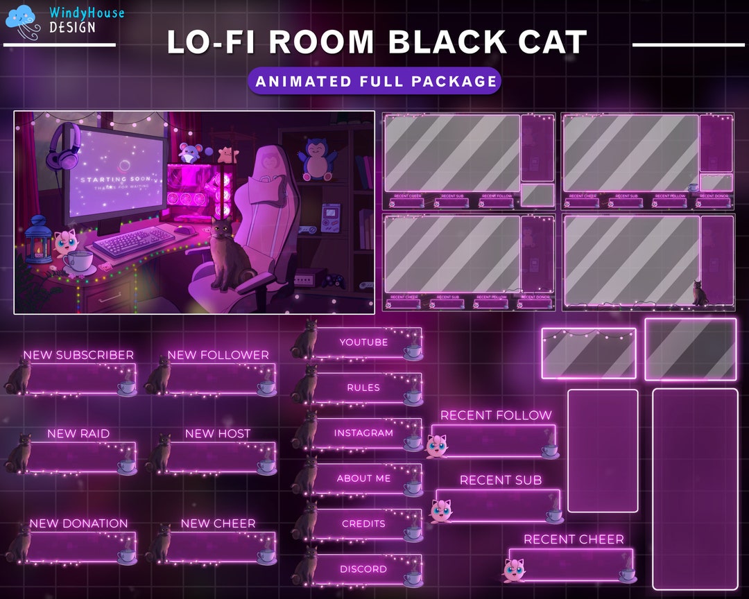 Animated Stream Full Package Lo-fi Game Room Black Cat , Cute Cat ...