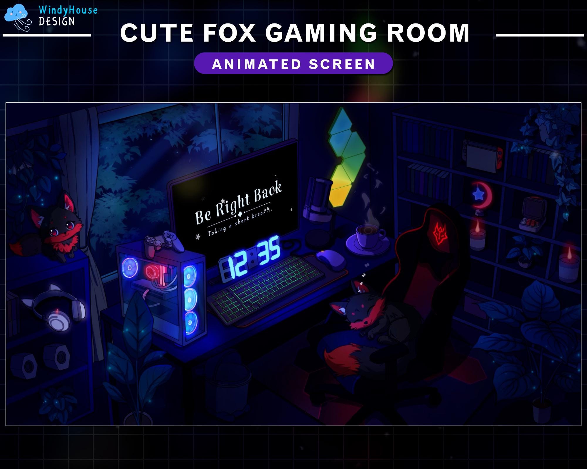 Animated Dark Theme Fox Gaming Room Stream Screens, Cozy Twitch Overlay ...