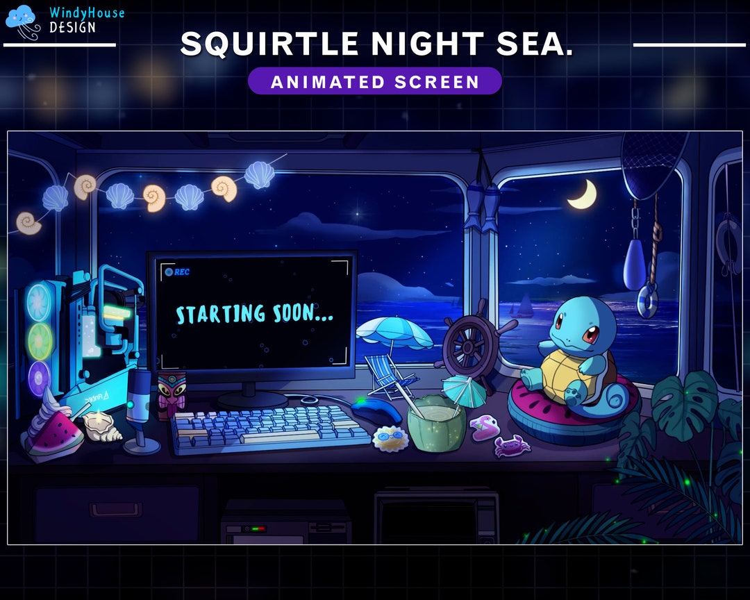 Animated Stream Screen Lo-fi Game Room Night Summer Sea, Squirtle ...