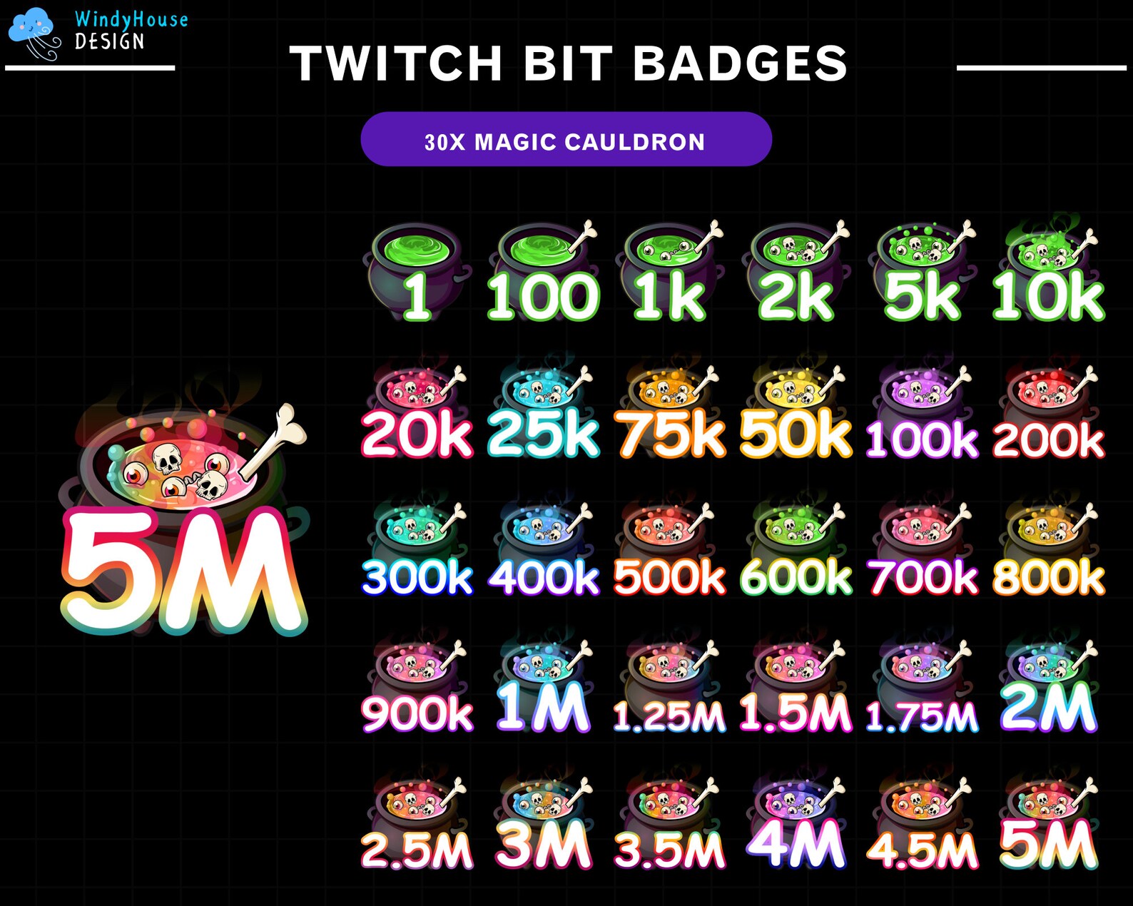 30x Magic Cauldron Twitch Bit Badges, Skull Sub Badges for Streamers ...