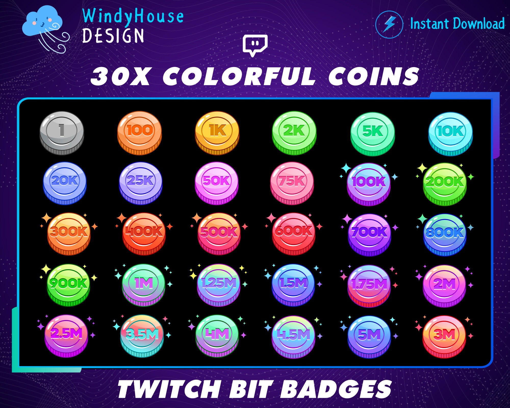 30x Colorful Coins Twitch Bit Badges, Money Bit Badges Set, Twitch Tier ...