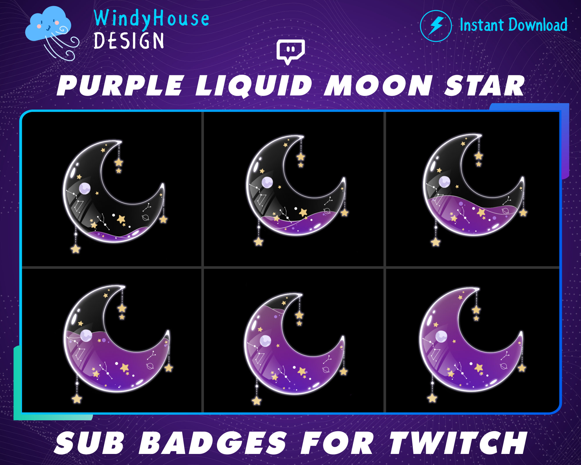Purple Liquid Moon Star Twitch Sub Badges Bit Badges Bit - Etsy