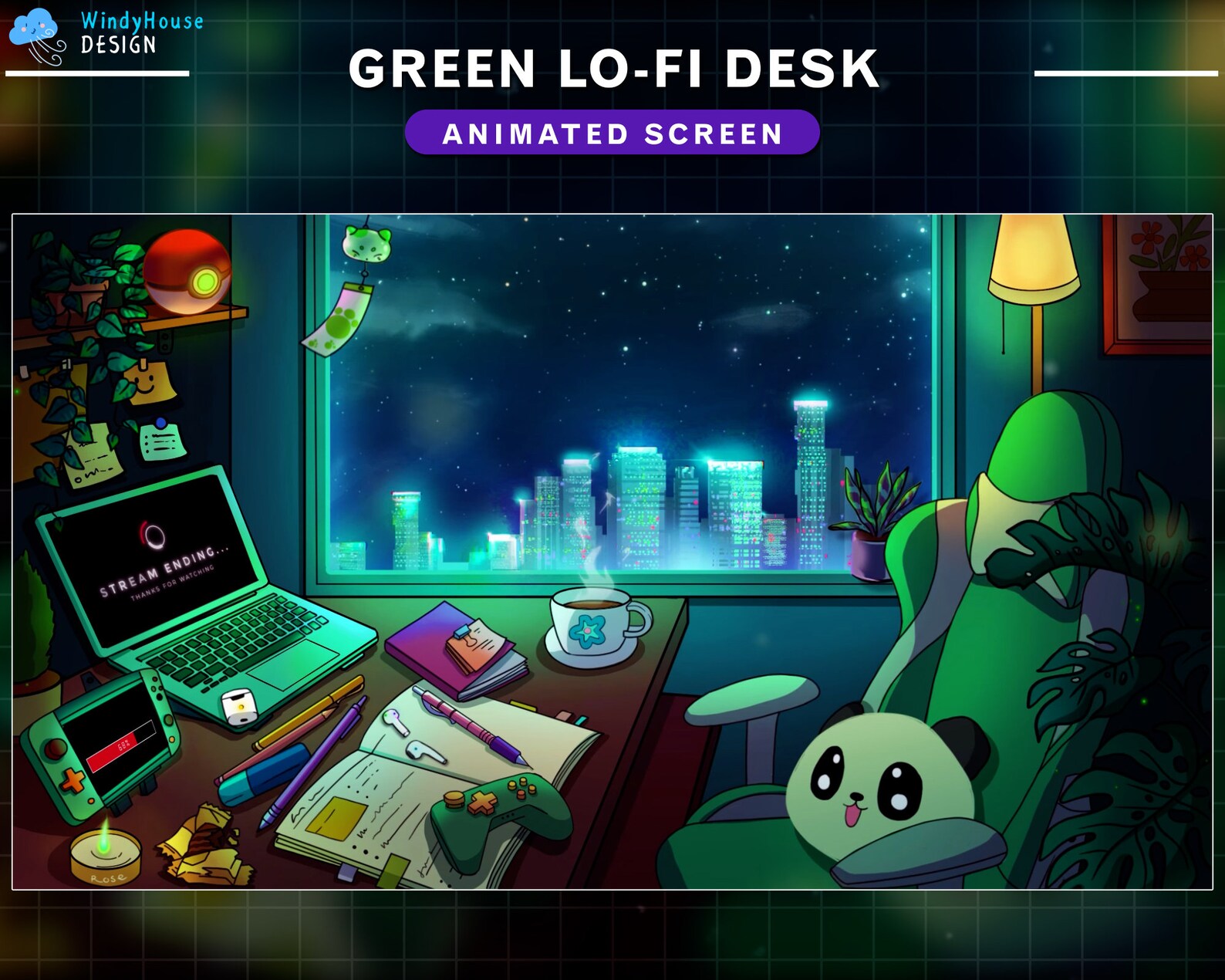 Animated Twitch Screens Cute Panda Lo-fi Desk, Animated Stream Screens ...