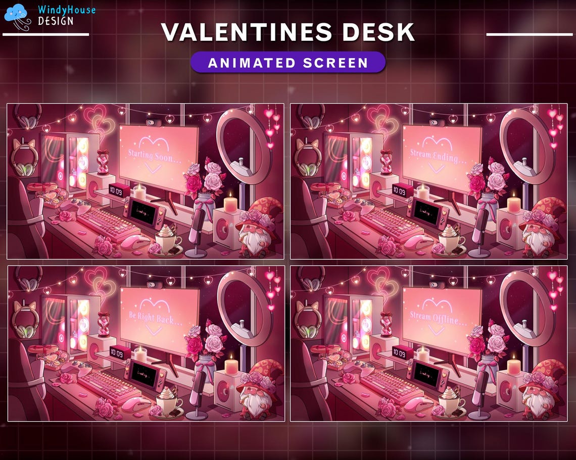 Animated Valentine Stream Screens, Pink Aesthetic Desk Twitch Overlay ...