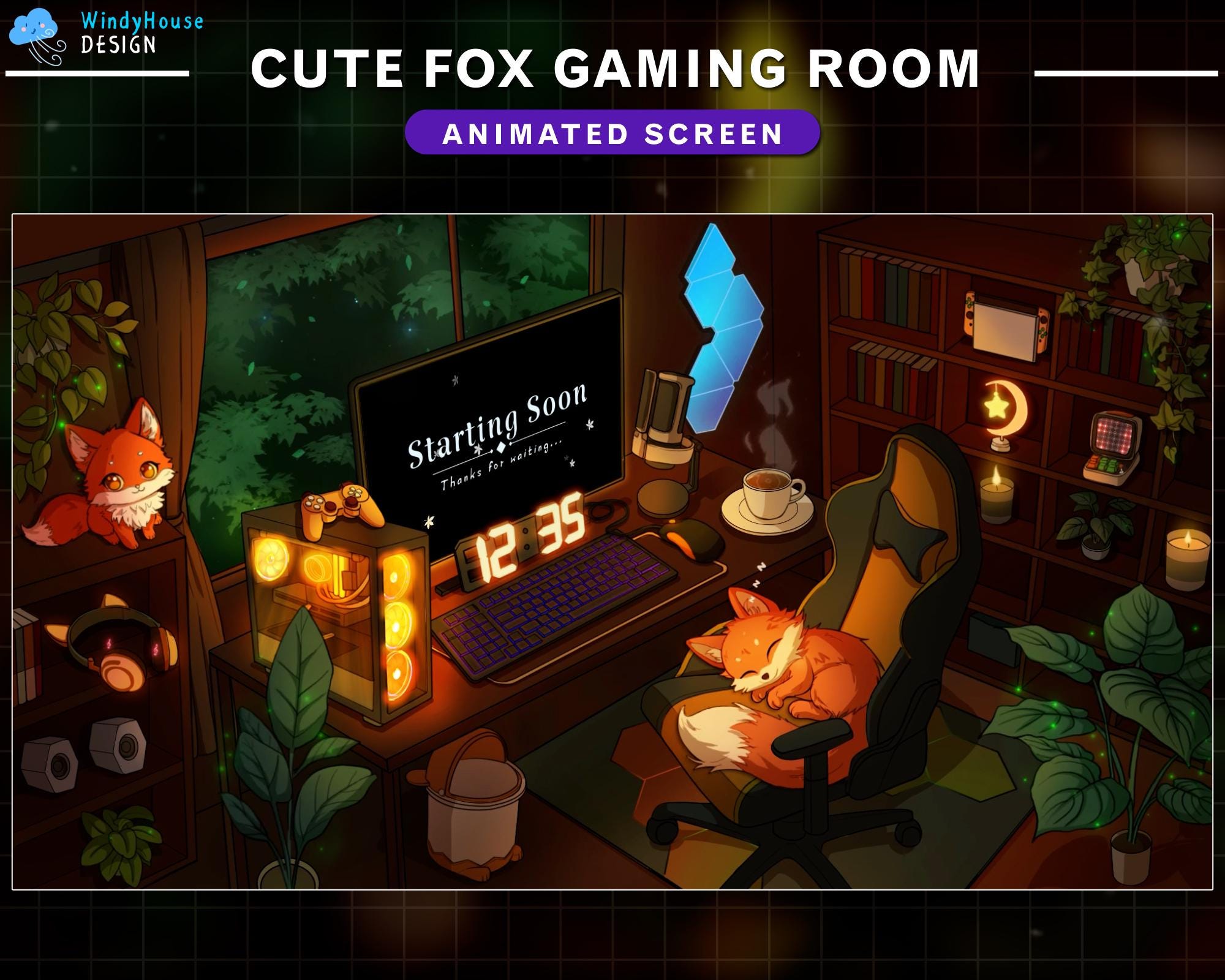 Cozy Fox Gaming Room Twitch Stream Package, Animated Overlay Set With ...