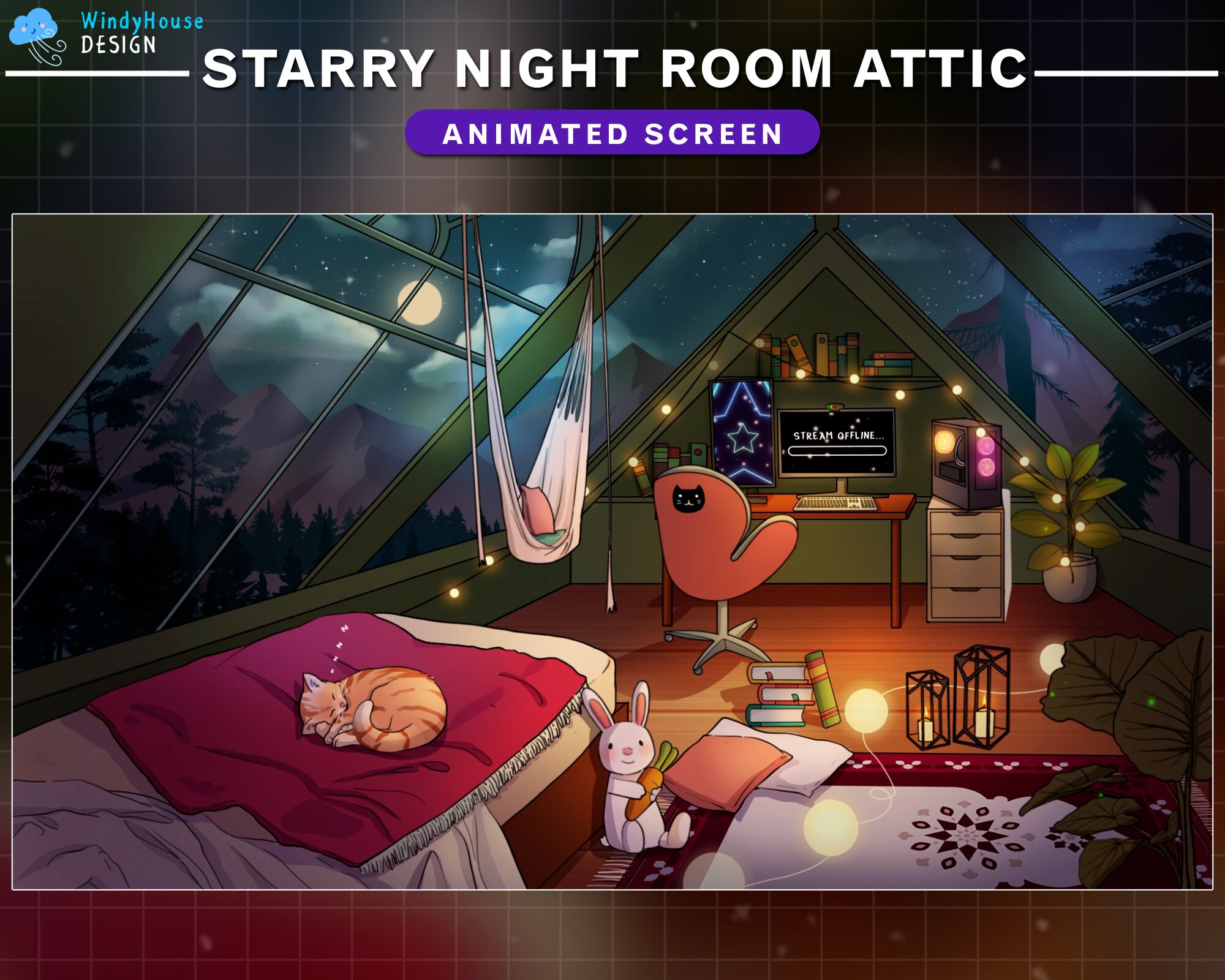 Animated Cozy Attic Bedroom Stream Screens With Cute Cat and Bunny ...