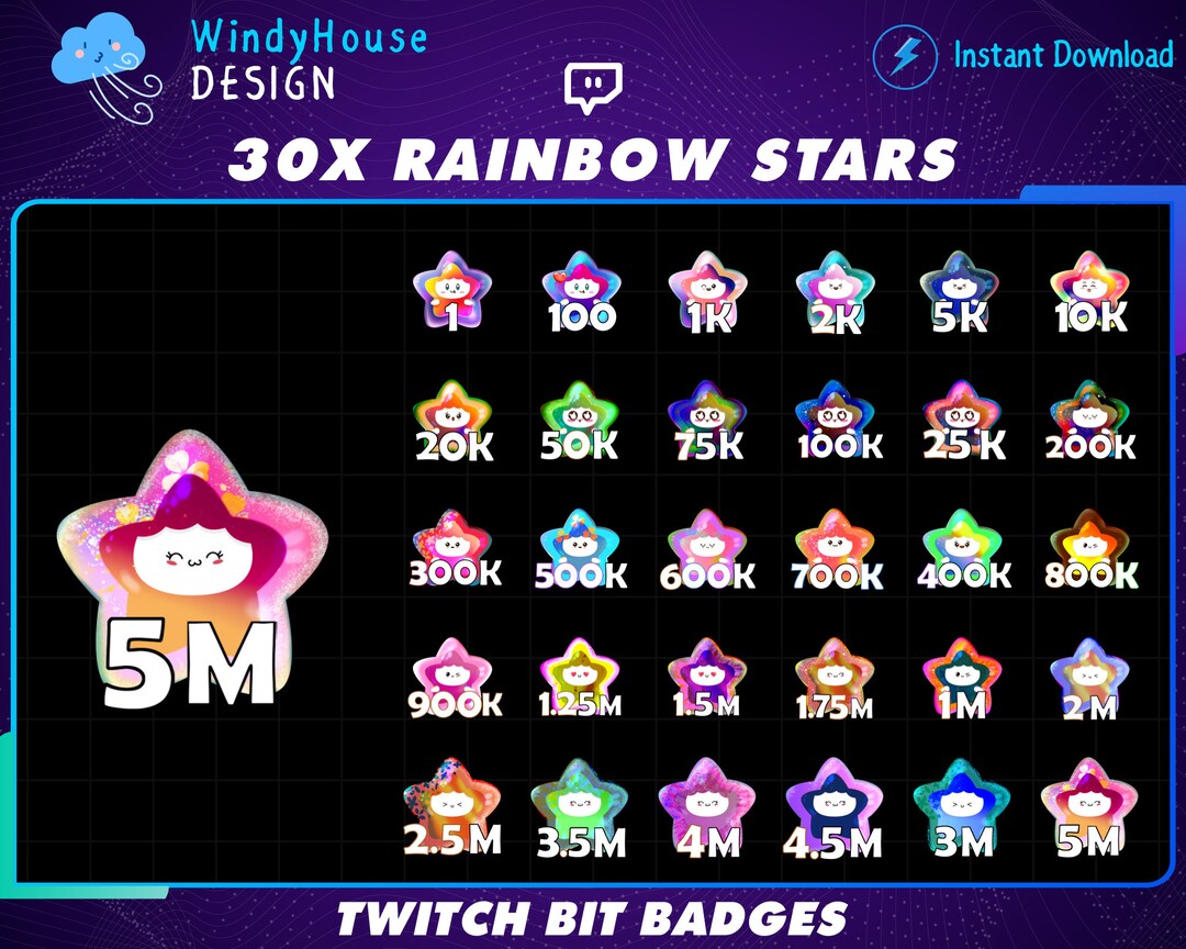 30x Cute Stars Twitch Bit Badges, Star Bit Tier Badges, Number Bit ...