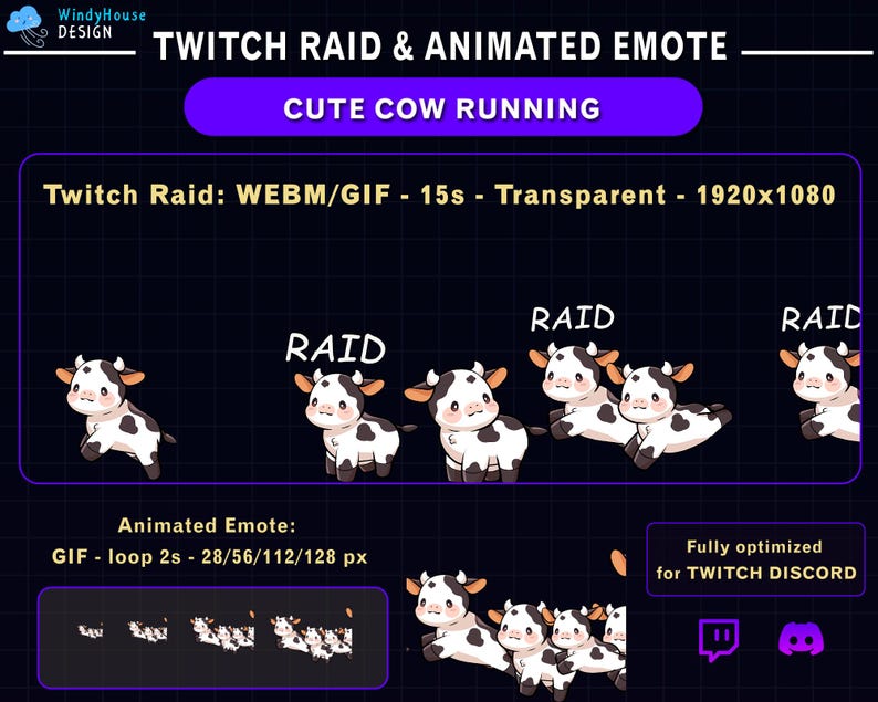 Animated Cow Running Twitch Raid Alert, Cute Cow Twitch Emote for ...