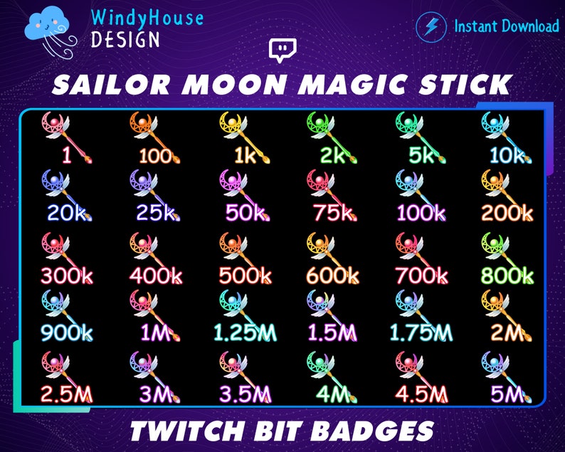 30x Sailor Moon Magic Stick Twitch Bit Badges Moon Bit Badges - Etsy