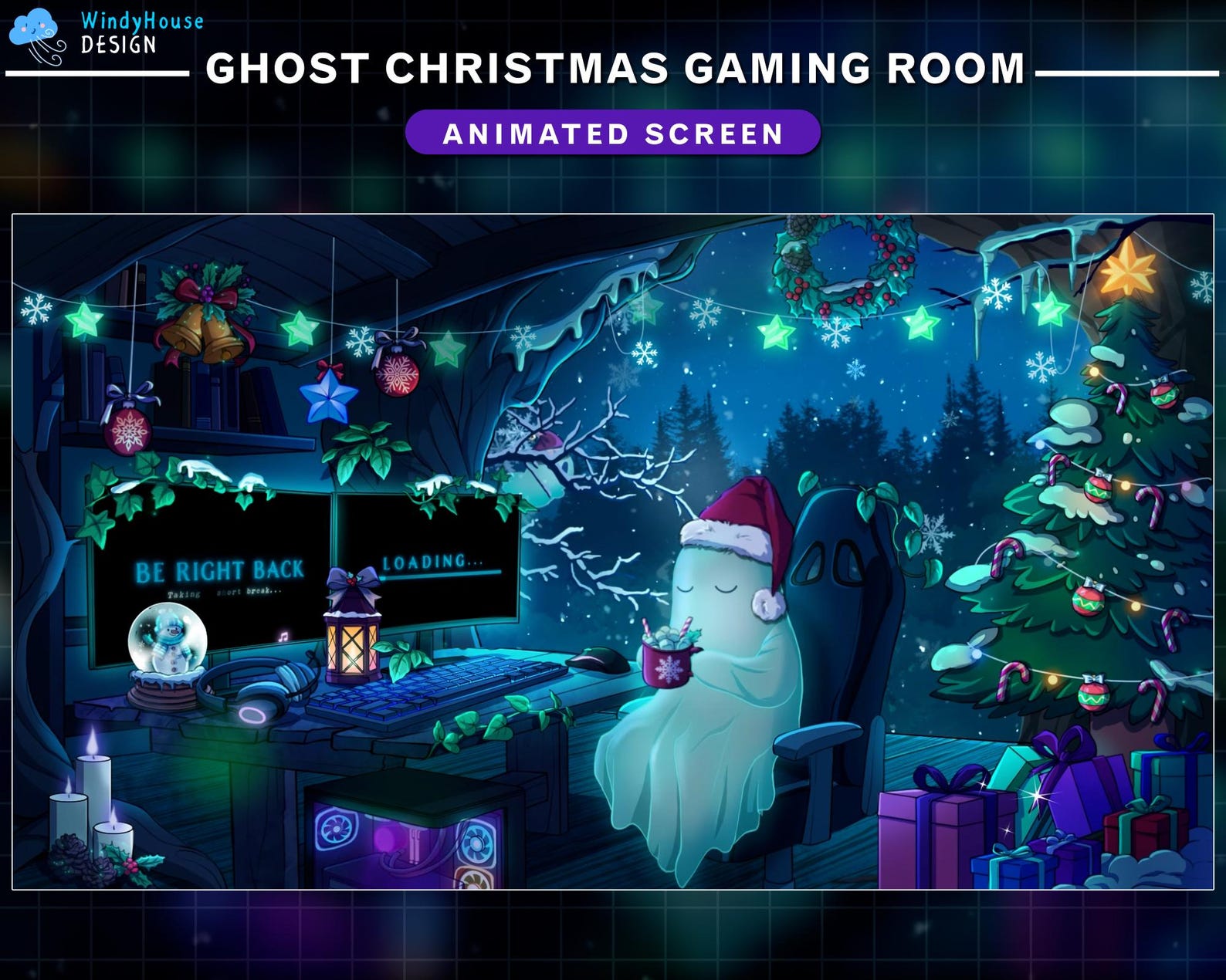 Animated Ghost Christmas Stream Screens, Cozy Winter Room Twitch ...