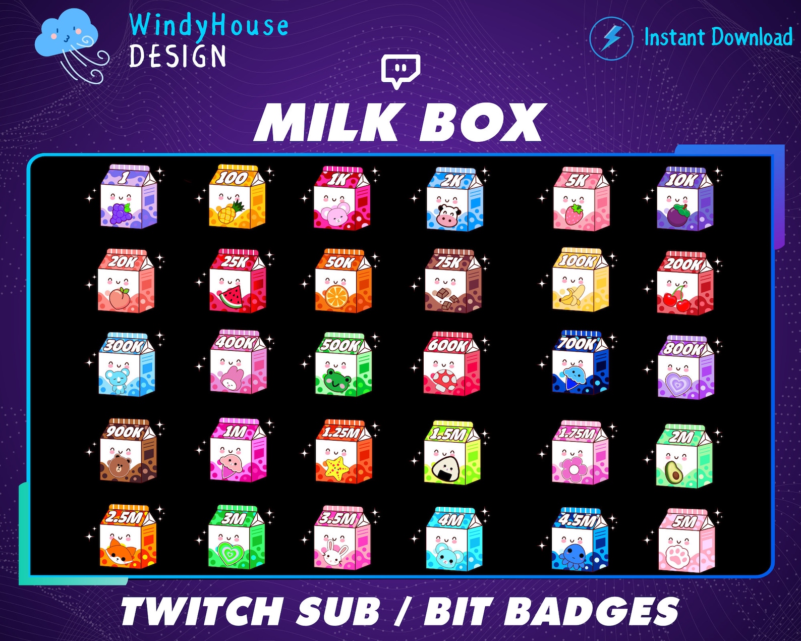 30x Milk Box Twitch Bit Badges / Complete Twitch Bit Badges Set/ Twitch ...