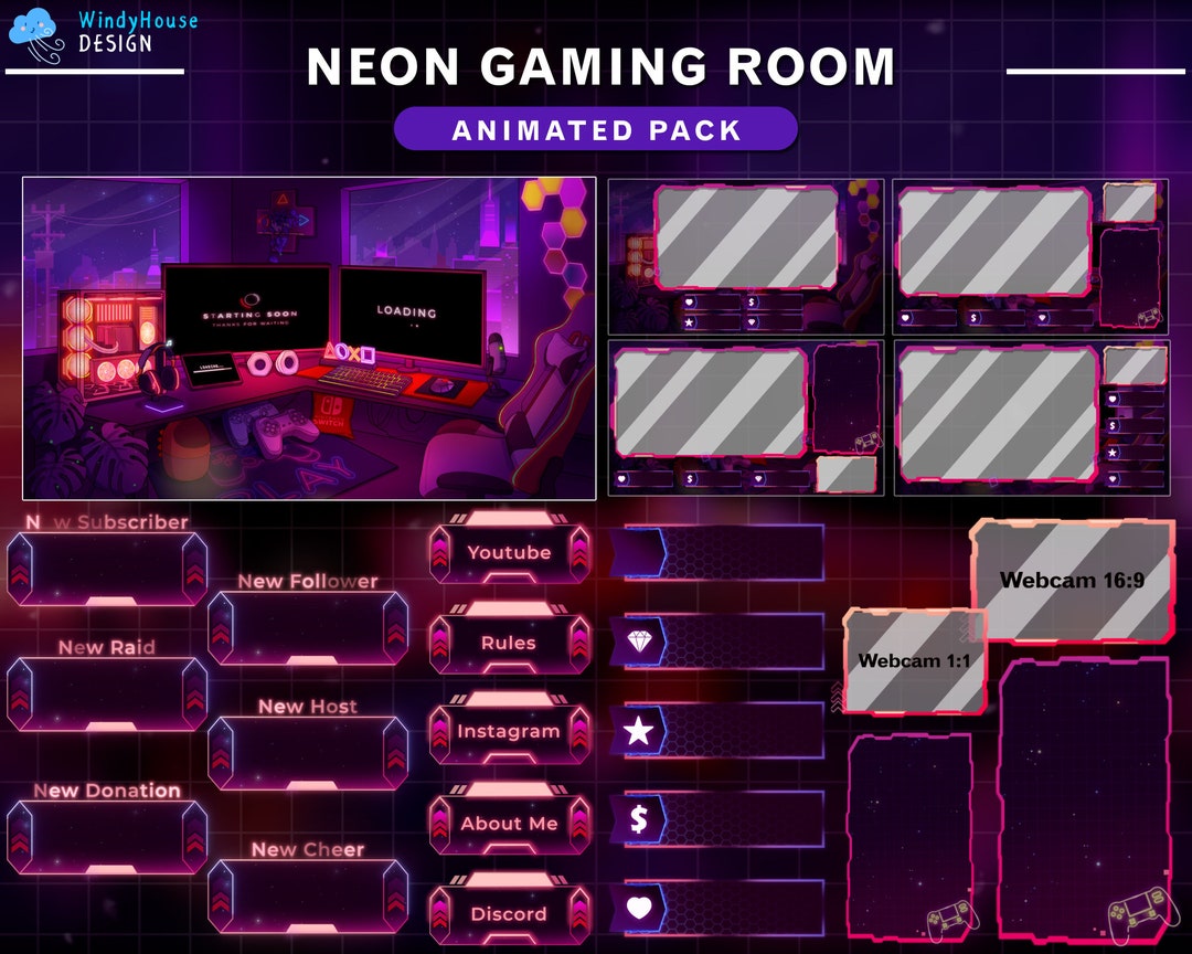 Animated Retro Neon Game Room Twitch Full Package, Cozy PC Room Stream ...