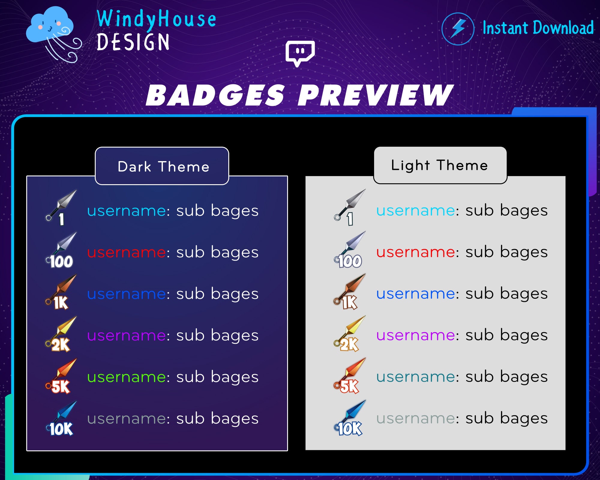 Set of 30 Kunai Twitch Bit Badges, Ninja Weapons Sub Badges for ...