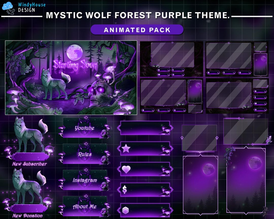 Animated Stream Package Mystic Wolf Moon in Forest Purple Theme, Witchy ...