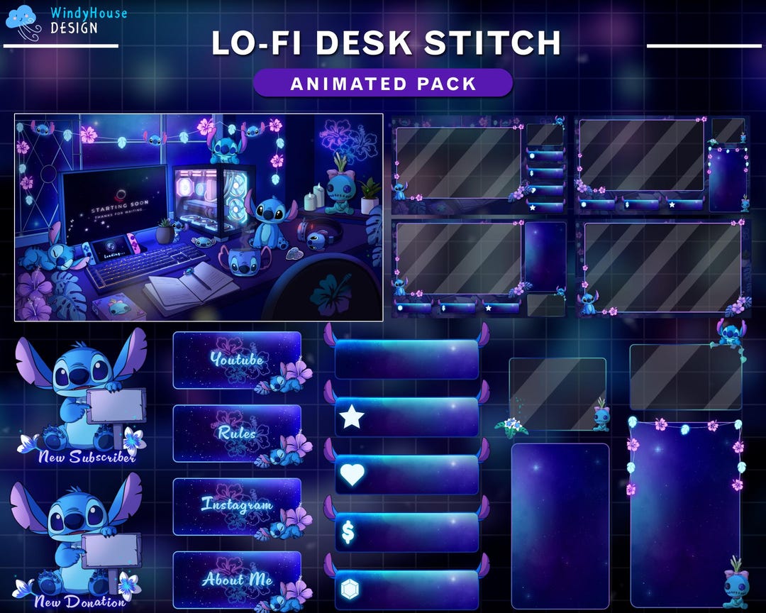 Animated Stream Package Lo-fi Stitch Desk, Game Room Twitch Overlay ...