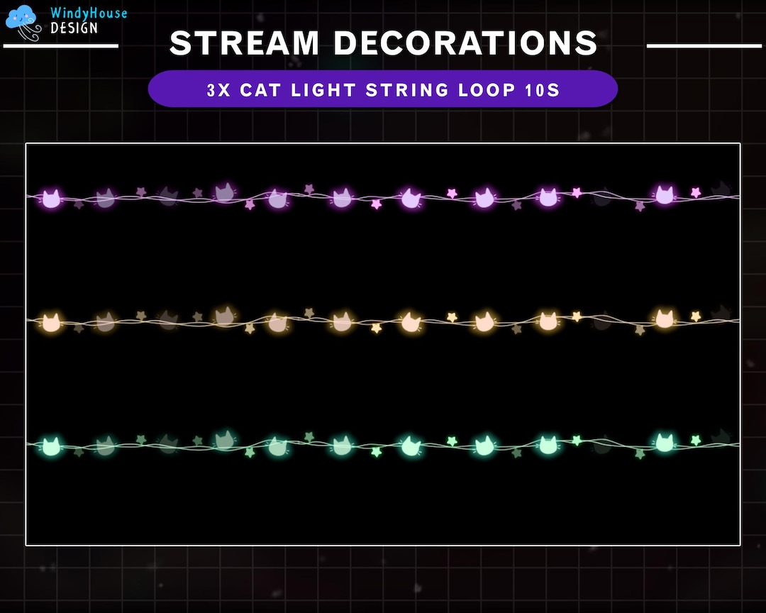 3x Animated Cat Lights String Stream Decoration, Cat Twitch Overlay ...