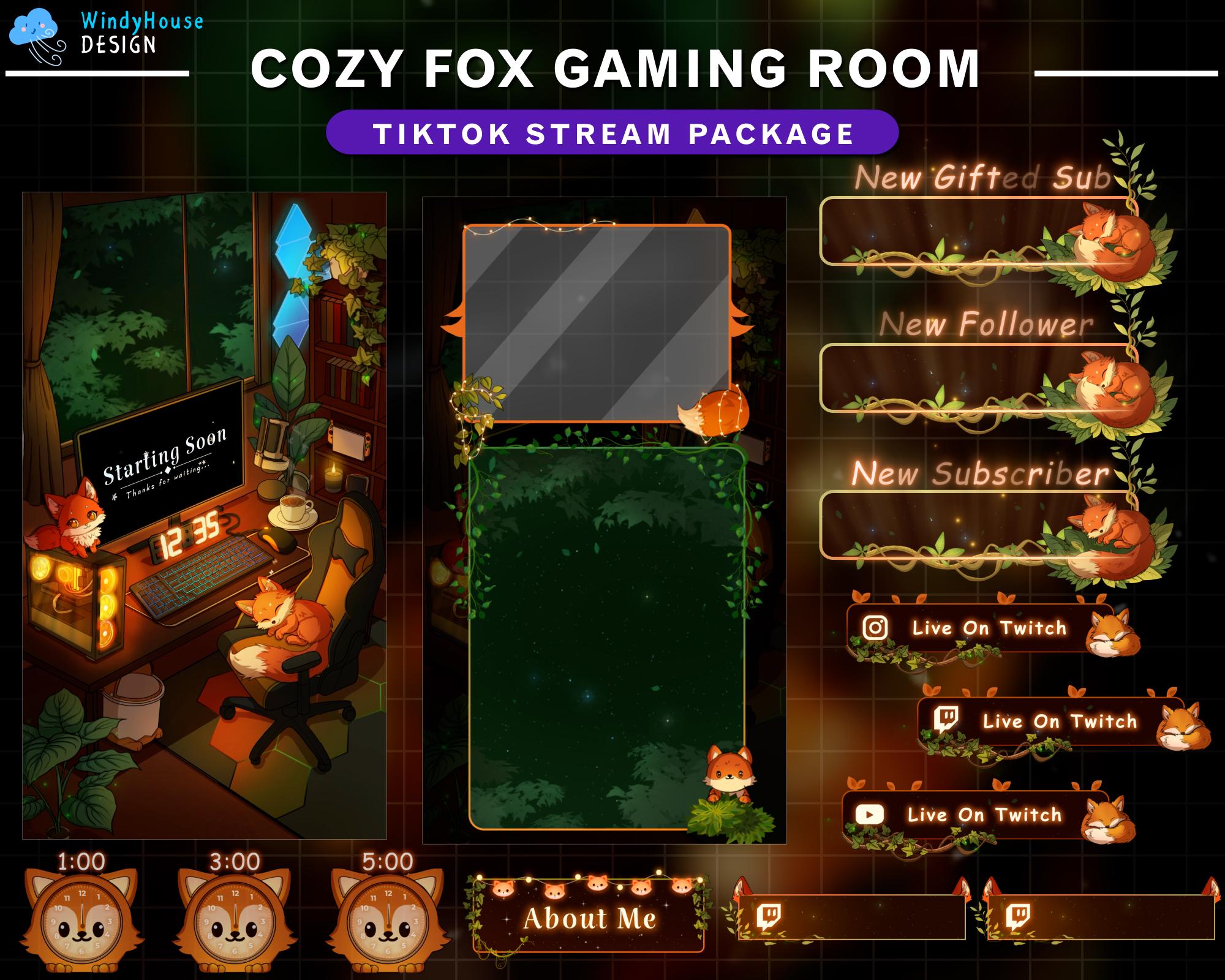 Cozy Fox Gaming Room Tiktok Stream Package, Animated Overlay Set With ...