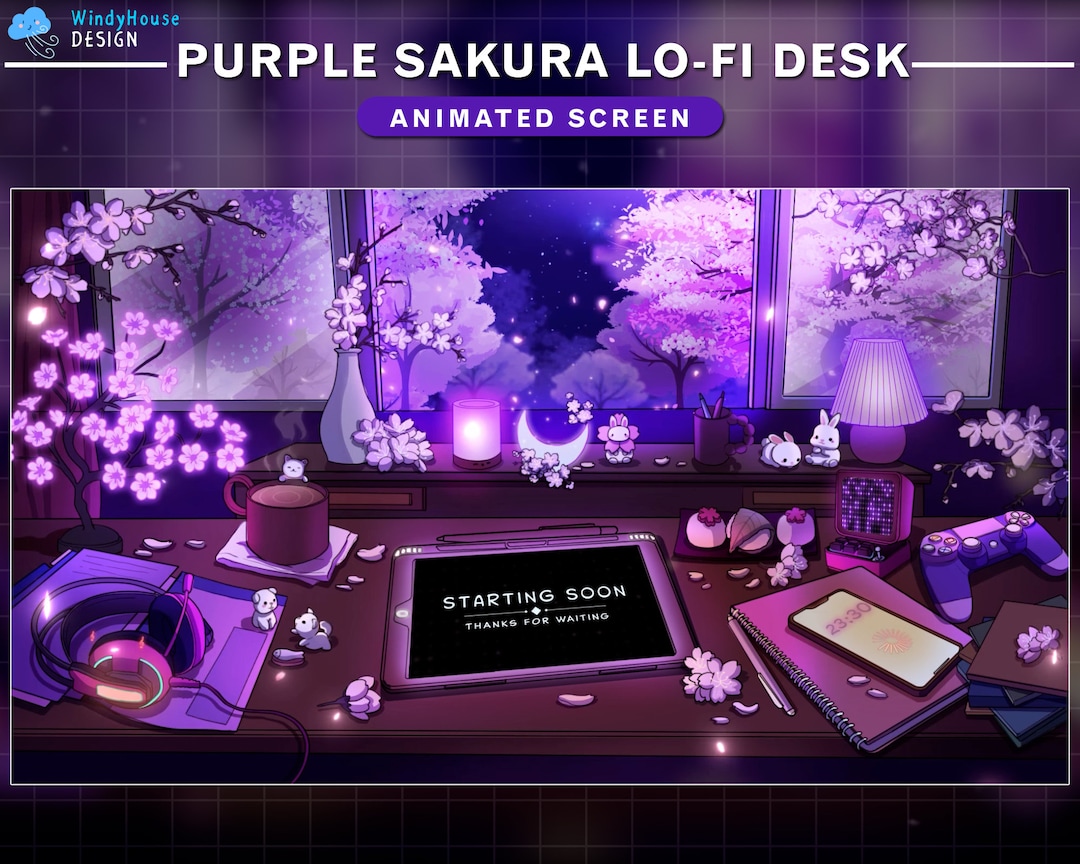 Animated Twitch Screens Purple Sakura Lo-fi Desk, Cozy Game Room With ...