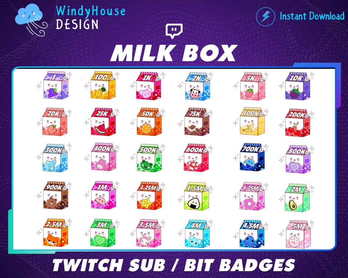 30x Milk Box Twitch Bit Badges / Complete Twitch Bit Badges Set/ Twitch ...