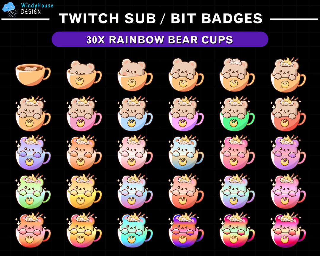 30x Rainbow Bear Cups Twitch Sub Bit Badges, Cute Bear Sub Bit Badges ...