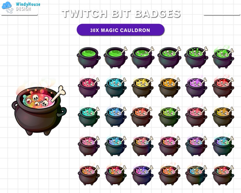 Set of 30 Magic Cauldron Twitch Bit Badges, Skull Sub Badges for ...