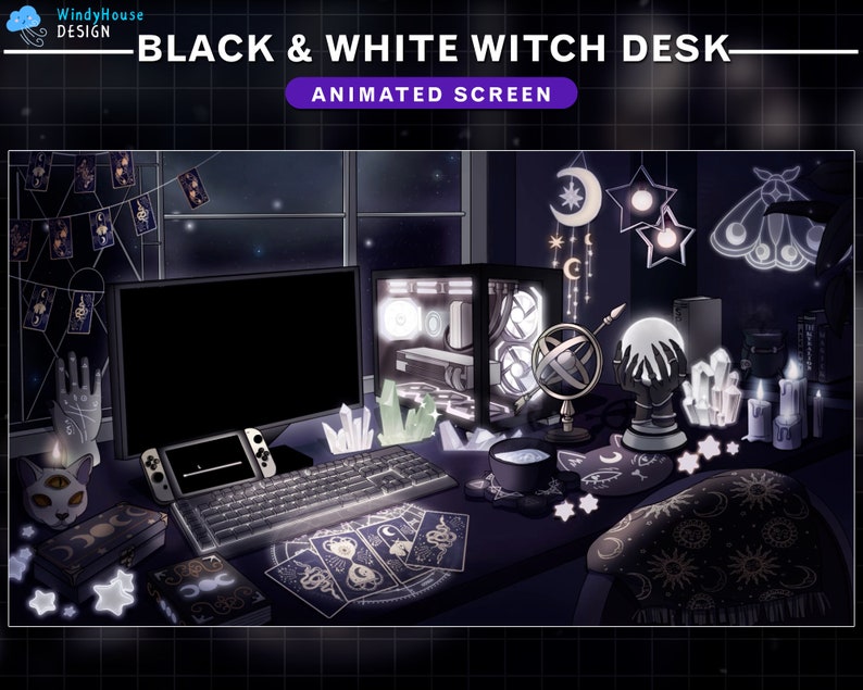 Animated Twitch Screens Black &white Witch Desk, Goth Twitch Overlay ...