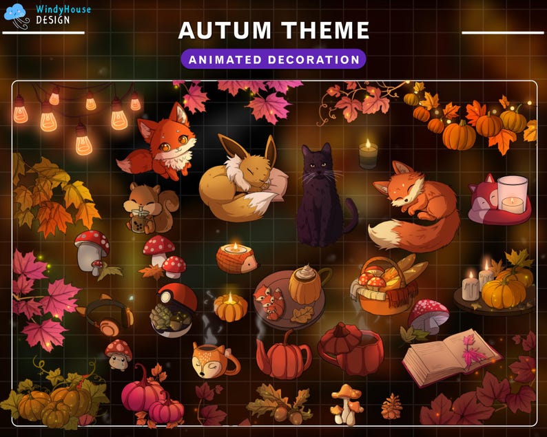 44x Animated Autumn Collection Stream Decoration, Maple Leaf, Cute Fox ...