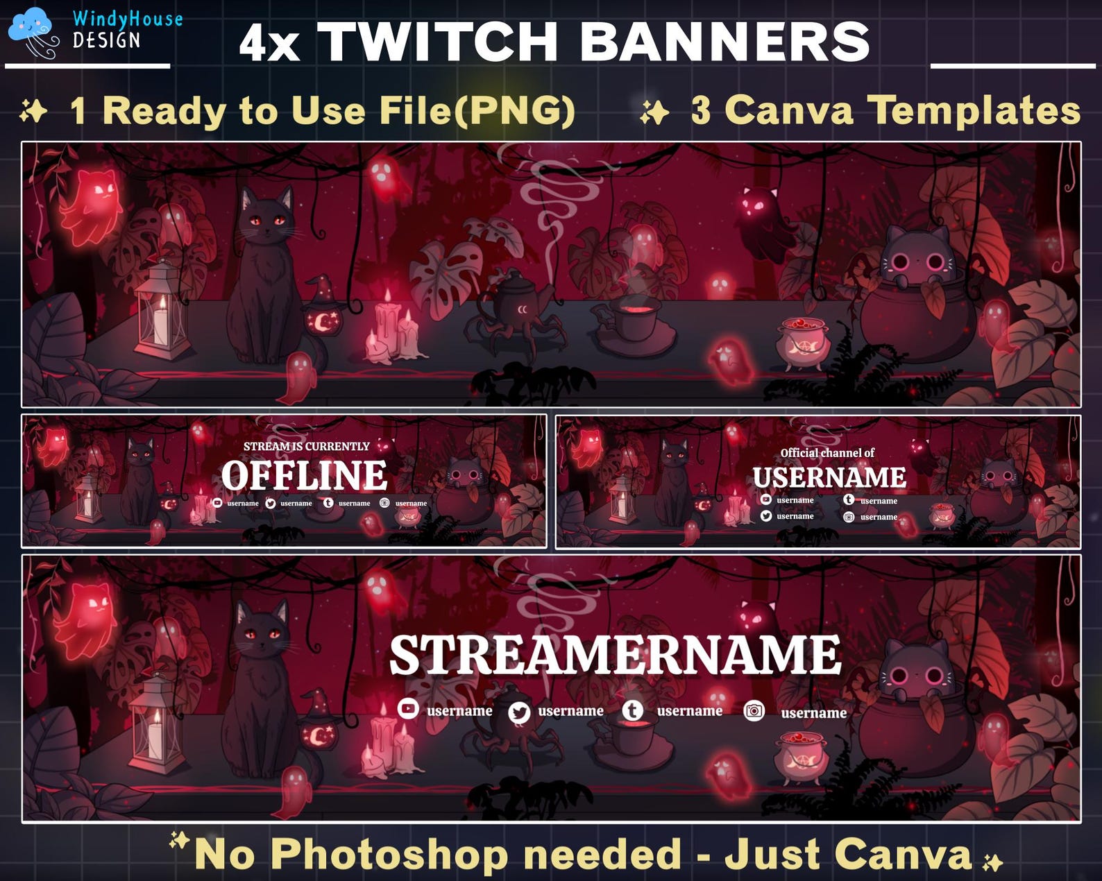 4x Blood Mystic Cat Twitch Stream Banner, Banner for Twitch, Youtube ...