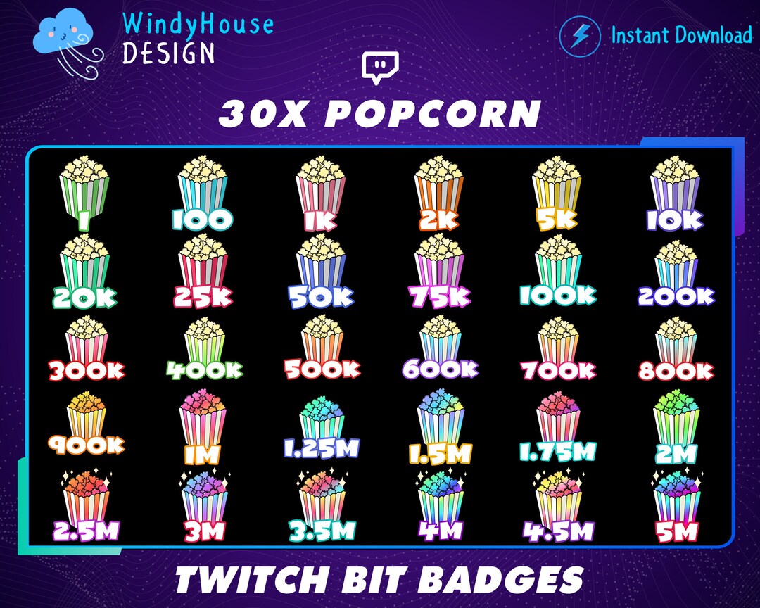 30x Popcorn Twitch Bit Badges, Full Twitch Bit Badges Set, Twitch Tier ...