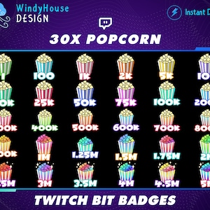 30x Popcorn Twitch Bit Badges, Full Twitch Bit Badges Set, Twitch Tier ...