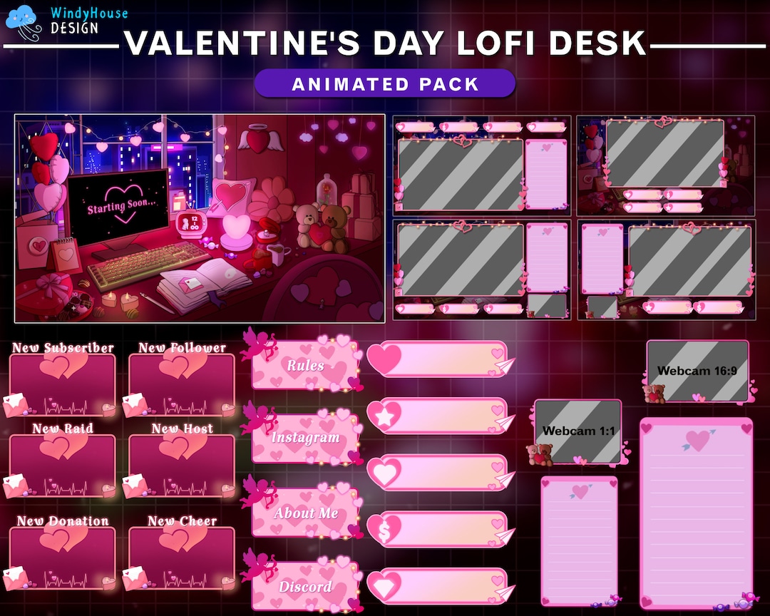 Animated Cozy Aesthetic Pink Lo-fi Desk Stream Package, Valentine ...