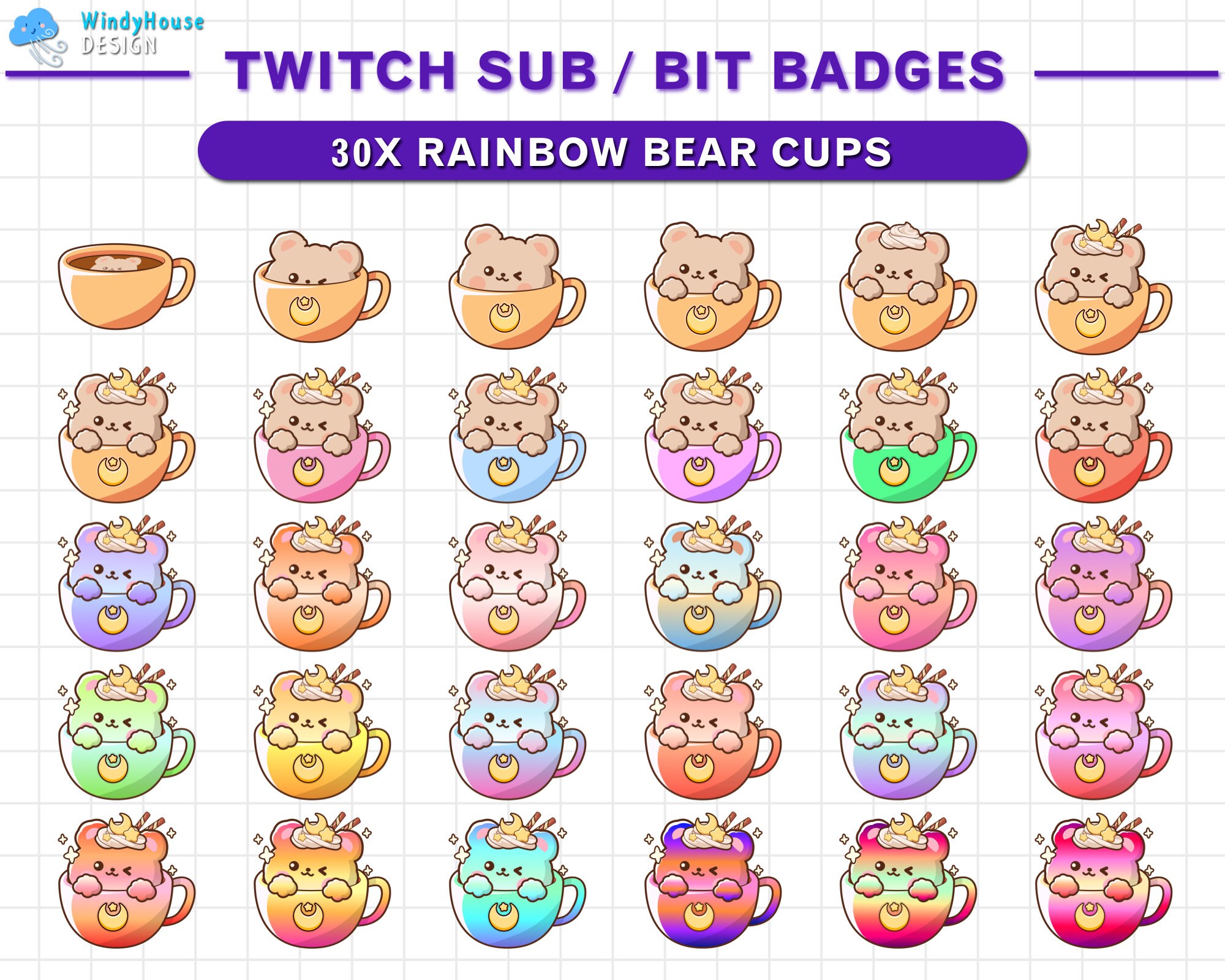 30x Rainbow Bear Cups Twitch Sub Bit Badges, Cute Bear Sub Bit Badges ...