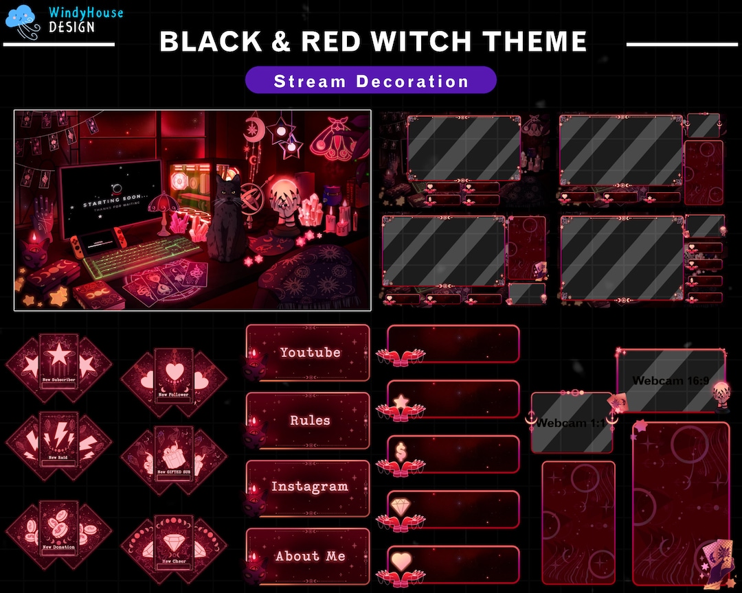 Animated Twitch Screens Black Cat Witch Desk, Goth Red Theme Twitch ...