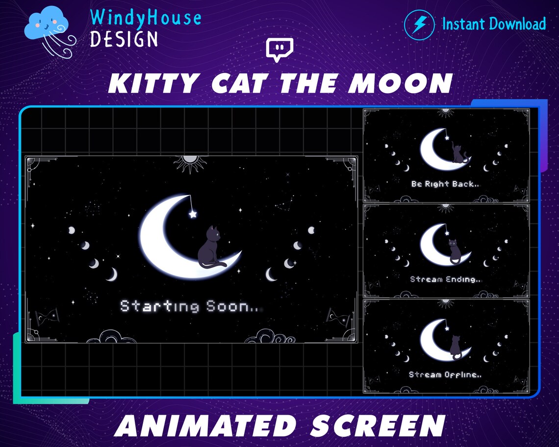 Animated Black Cat Twitch Stream Screen/ Celestial Night Overlays ...