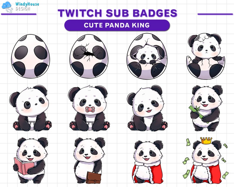 Cute Panda King Twitch Sub Badges/ Panda Twitch Sub Badges Set/ Kawaii ...