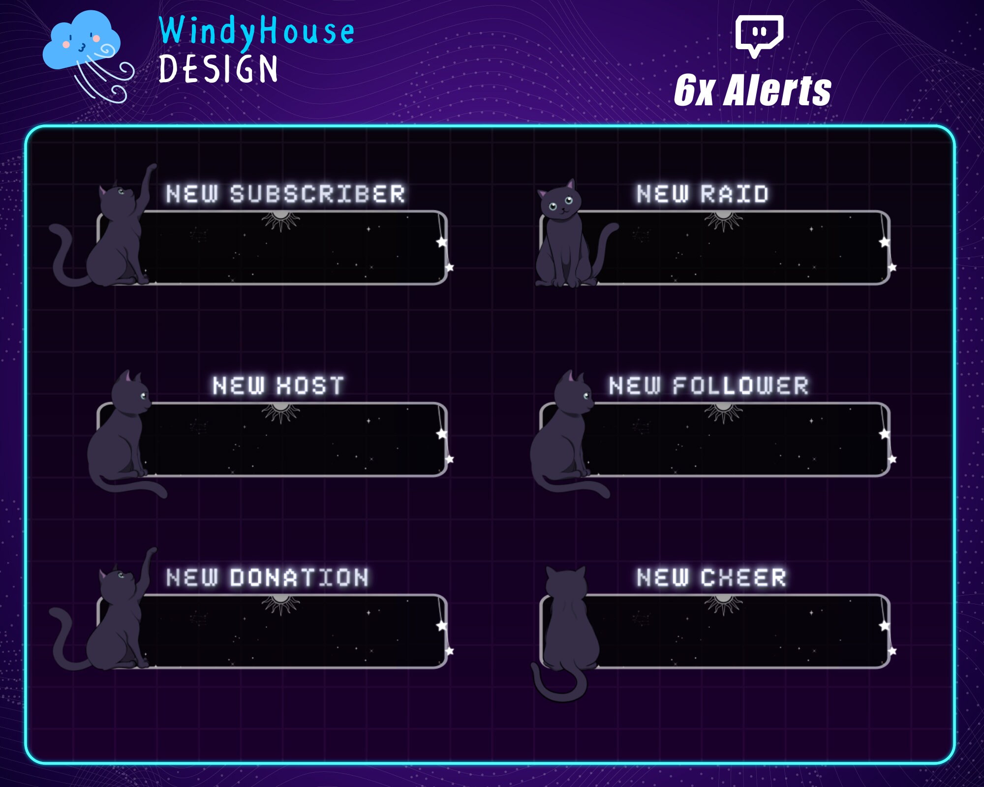 Animated Cute Cat Twitch Overlay Stream Package, Moon Twitch Overlay ...