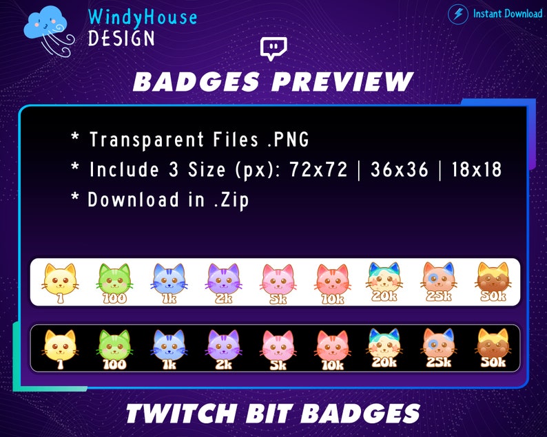 30x Cats Face Twitch Bit Badges, Cute Cat Bit Badges Set, Twitch Tier ...