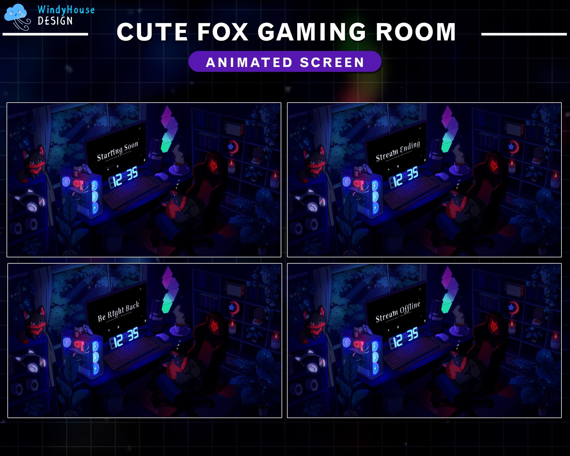 Animated Dark Theme Fox Gaming Room Stream Screens, Cozy Twitch Overlay ...