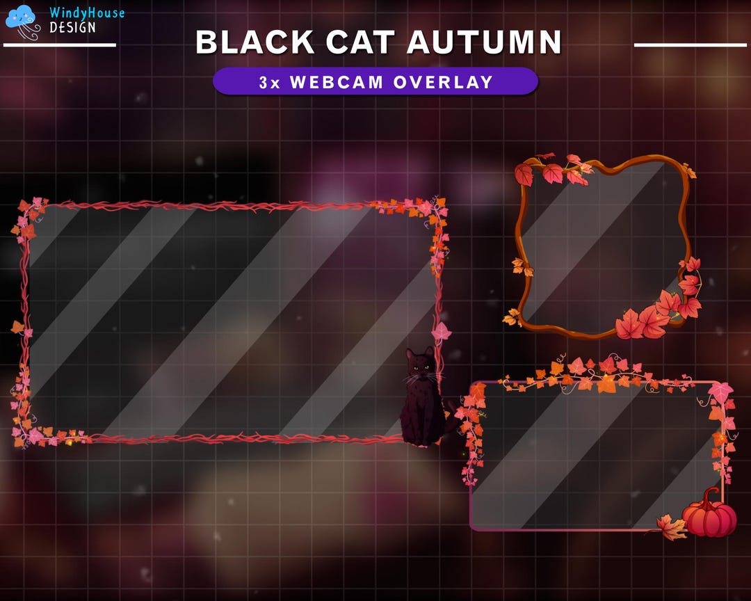 4x Fall Black Cat Webcam Overlay, Webcam Border for Autumn Twitch ...