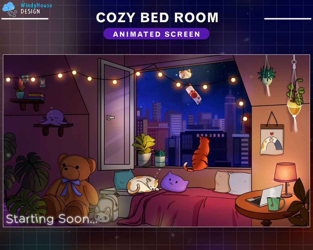 Animated Cozy Room Twitch Overlay Stream Screens, Cute Cat Stream ...