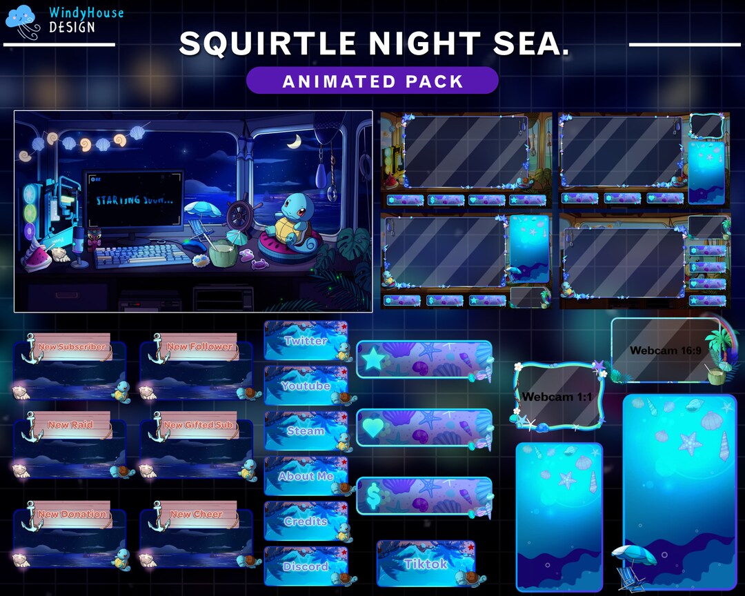Animated Stream Package Lo-fi Game Room Night Sea, Squirtle Twitch ...