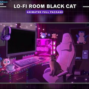 Animated Stream Full Package Lo-fi Game Room Black Cat , Cute Cat ...