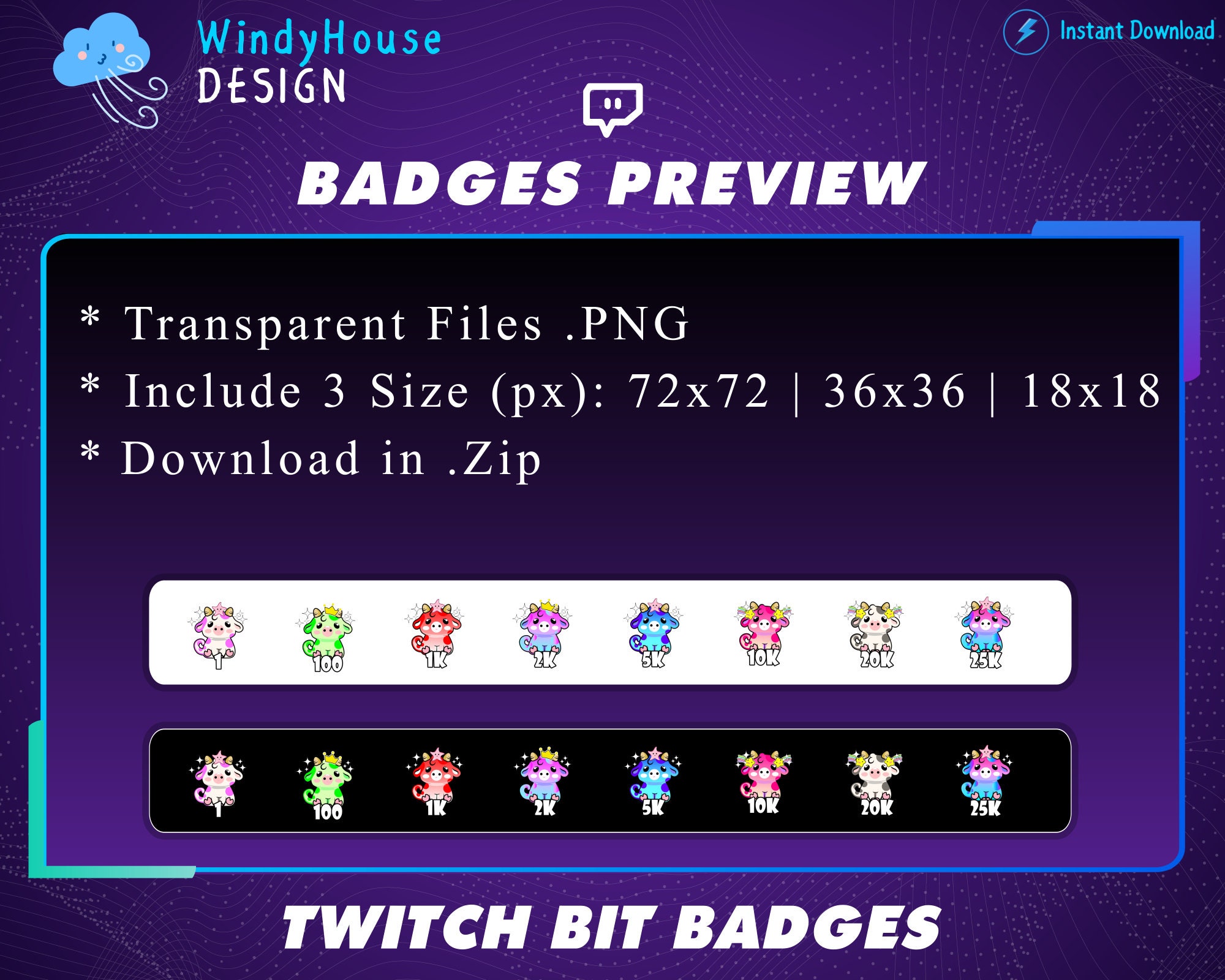 30x Cute Cow Twitch Bit Badges / Complete Twitch Bit Badges Set/ Twitch ...